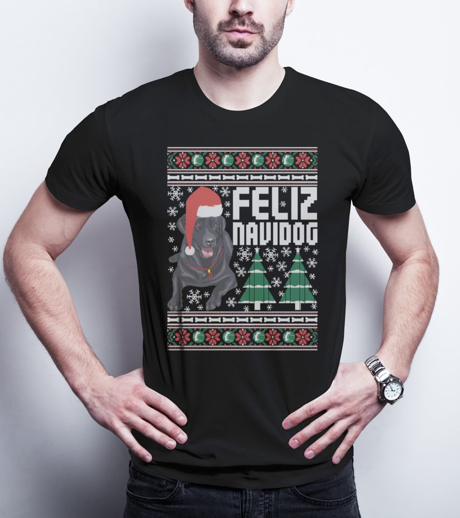 Feliz Navidog Labrador With Santa Hat And Christmas Trees Snowflakes T-Shirt