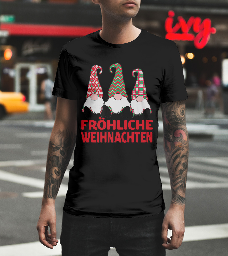 Fröhliche Weihnachten German Nordic Gnomes Pattern Trio T-Shirt