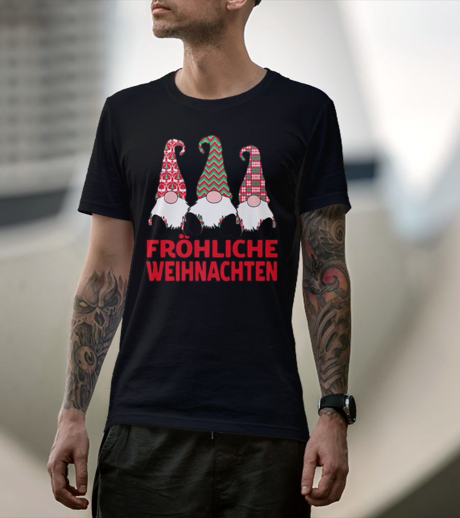 Fröhliche Weihnachten German Nordic Gnomes Pattern Trio T-Shirt