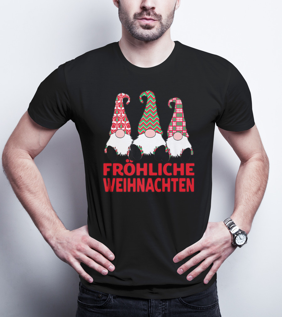 Fröhliche Weihnachten German Nordic Gnomes Pattern Trio T-Shirt