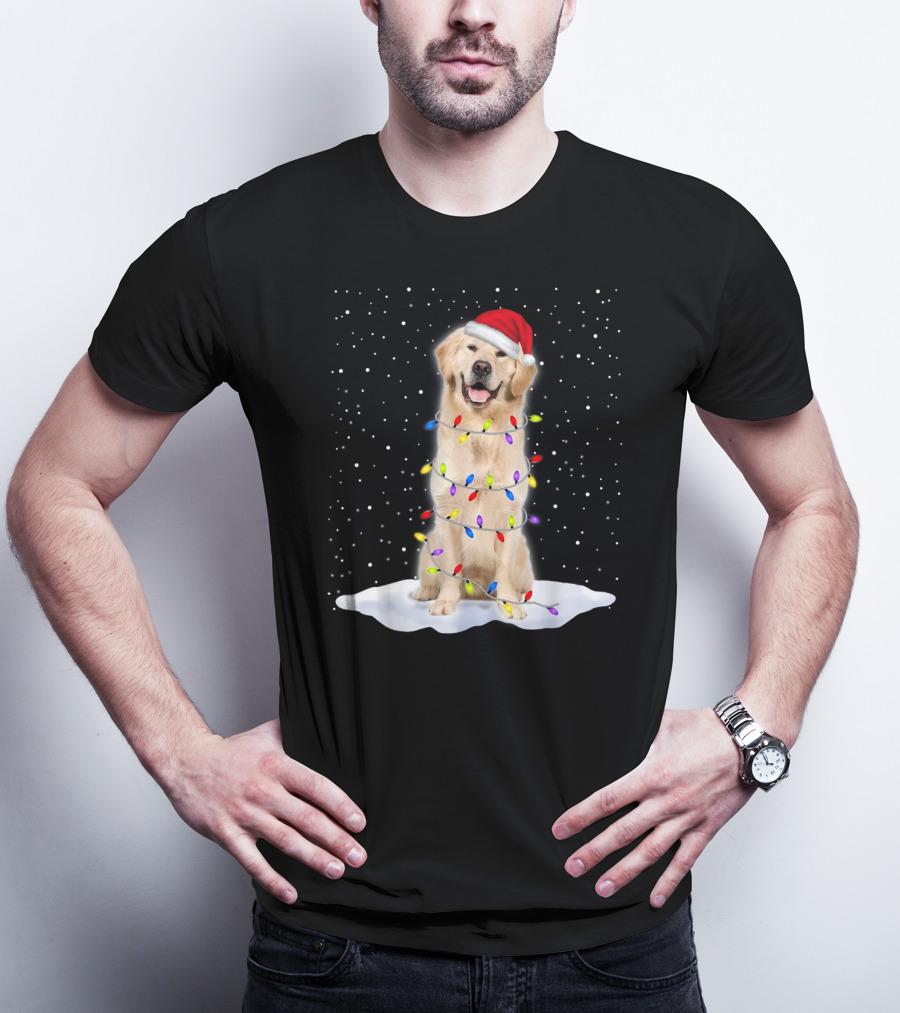 Golden Retriever With Santa Hat Wrapped In Colorful Christmas Tree Lights And Snowflakes T-Shirt