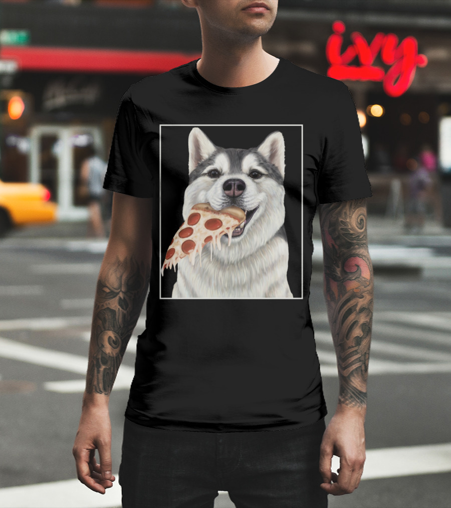 Husky Eating A Pepperoni Pizza Slice Dog Image T-Shirt