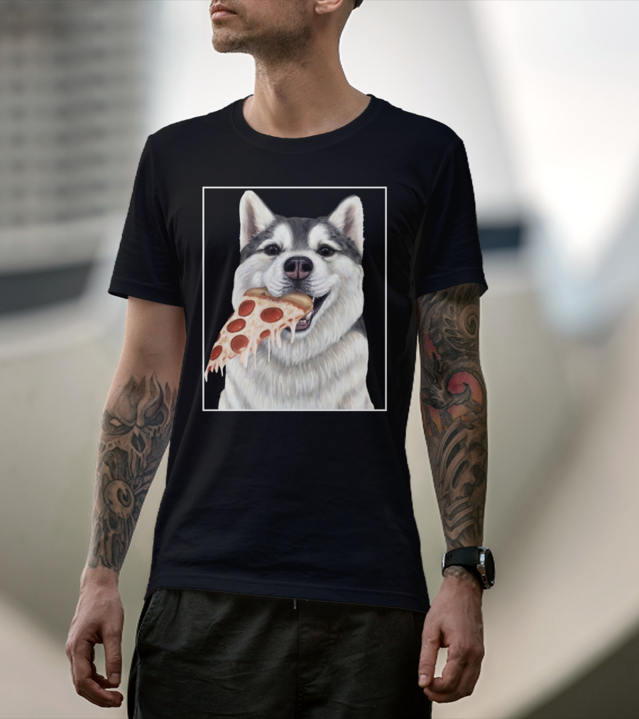 Husky Eating A Pepperoni Pizza Slice Dog Image T-Shirt