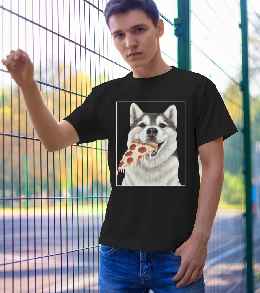 Husky Eating A Pepperoni Pizza Slice Dog Image T-Shirt