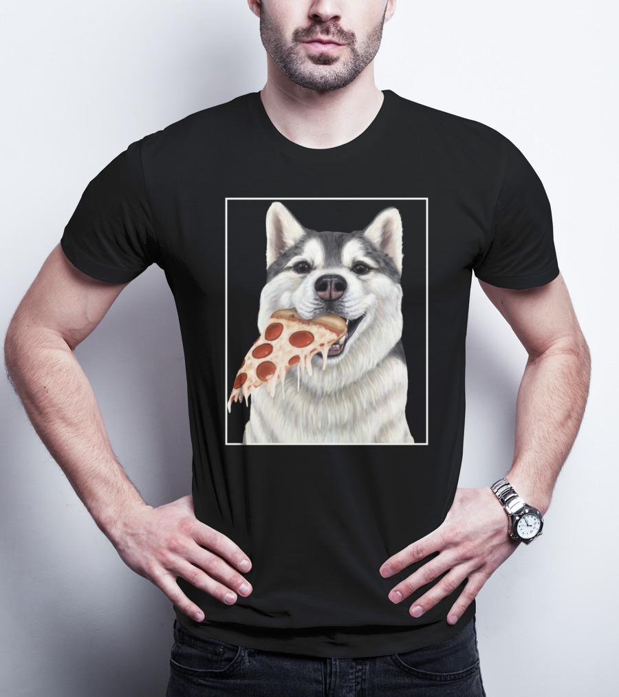 Husky Eating A Pepperoni Pizza Slice Dog Image T-Shirt