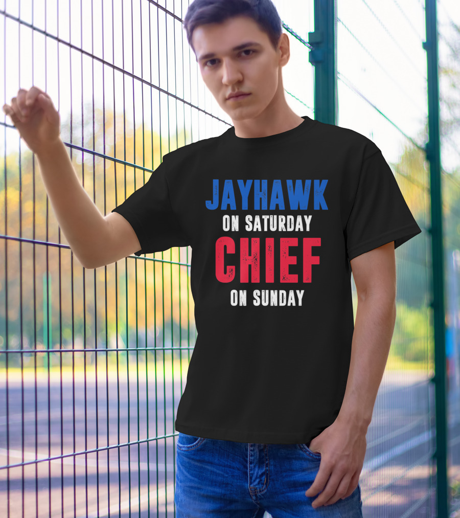 Jayhawk On Saturday Chief On Sunday Kansas MO Lawrence T-Shirt