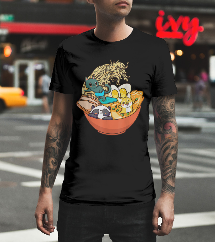 Kawaii Cat Panda Dog Anime Noodle Bowl With Egg And Ramen T-Shirt