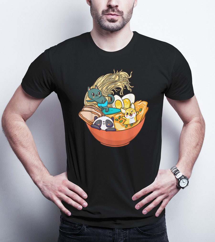 Kawaii Cat Panda Dog Anime Noodle Bowl With Egg And Ramen T-Shirt