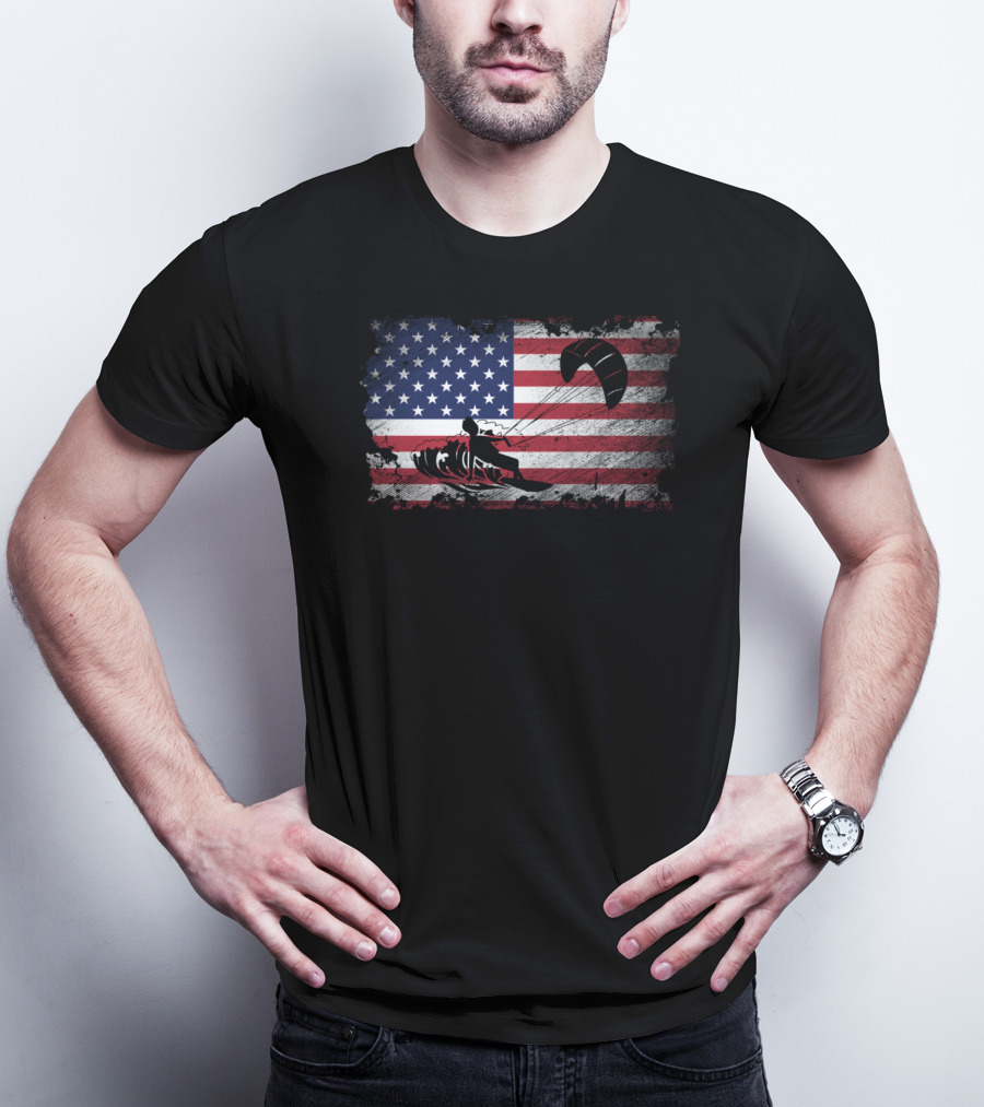 Kiteboarding With American Flag Proud USA Patriot T-Shirt