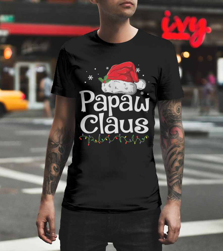 Papaw Claus Christmas Santa Hat With Snowflakes And Holiday Lights T-Shirt