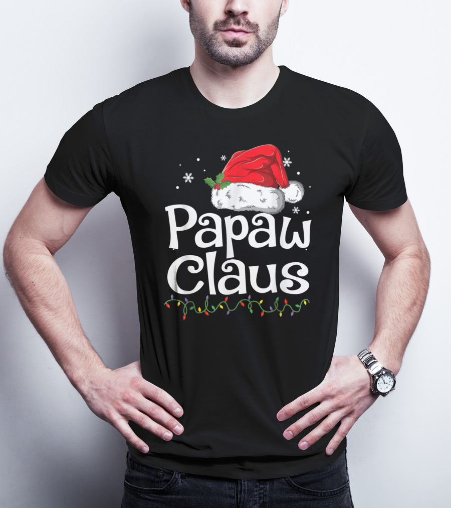 Papaw Claus Christmas Santa Hat With Snowflakes And Holiday Lights T-Shirt