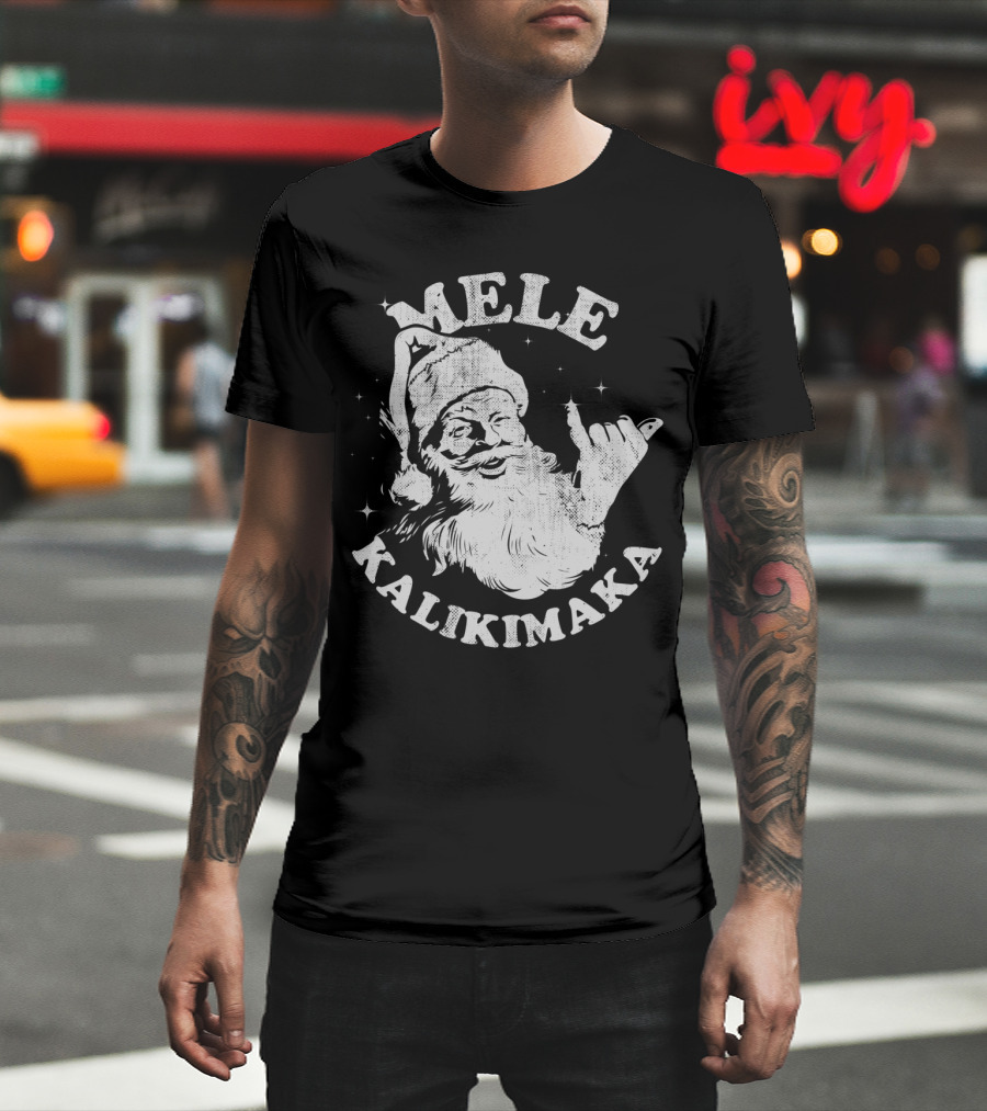 Retro Mele Kalikimaka Santa Shaka Hawaii Christmas T-Shirt