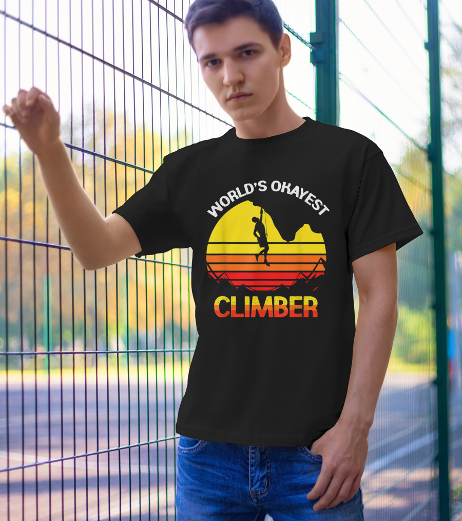 World's Okayest Climber Rock Climbing Sunset T-Shirt
