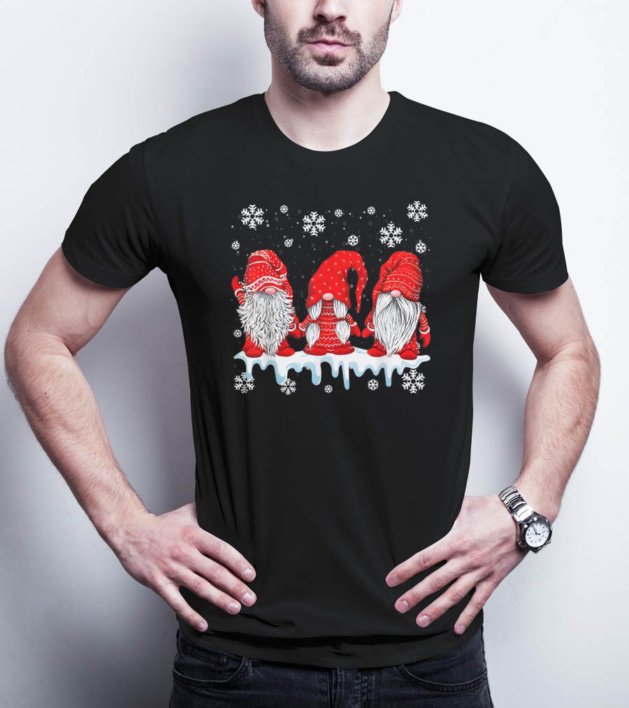 Three Festive Red Gnomes With Snowflakes T-Shirt