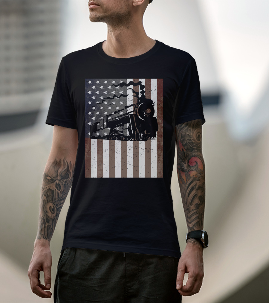American Flag Steam Train Vintage Model Builder T-Shirt