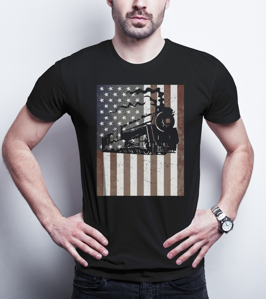 American Flag Steam Train Vintage Model Builder T-Shirt