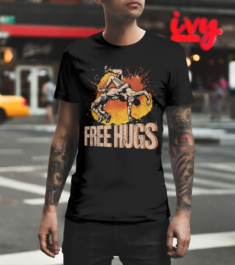 Free Hugs Wrestling Art With Splash Background T-Shirt