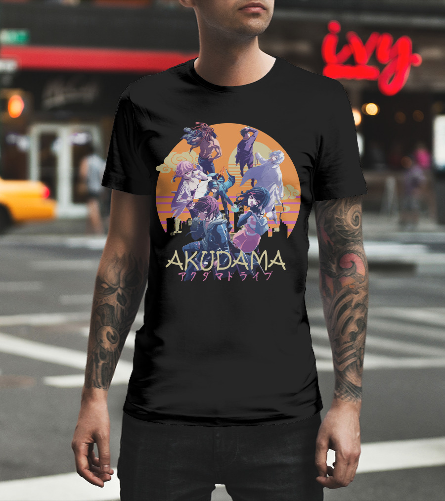 AKUDAMA アクダマドライブ Characters In Sunset City Skyline Scene T-Shirt