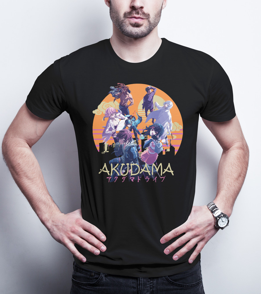 AKUDAMA アクダマドライブ Characters In Sunset City Skyline Scene T-Shirt