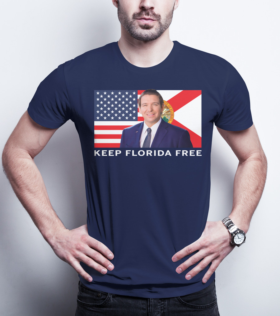 Keep Florida Free American Flag Portrait Navy Fine Jersey T-Shirt