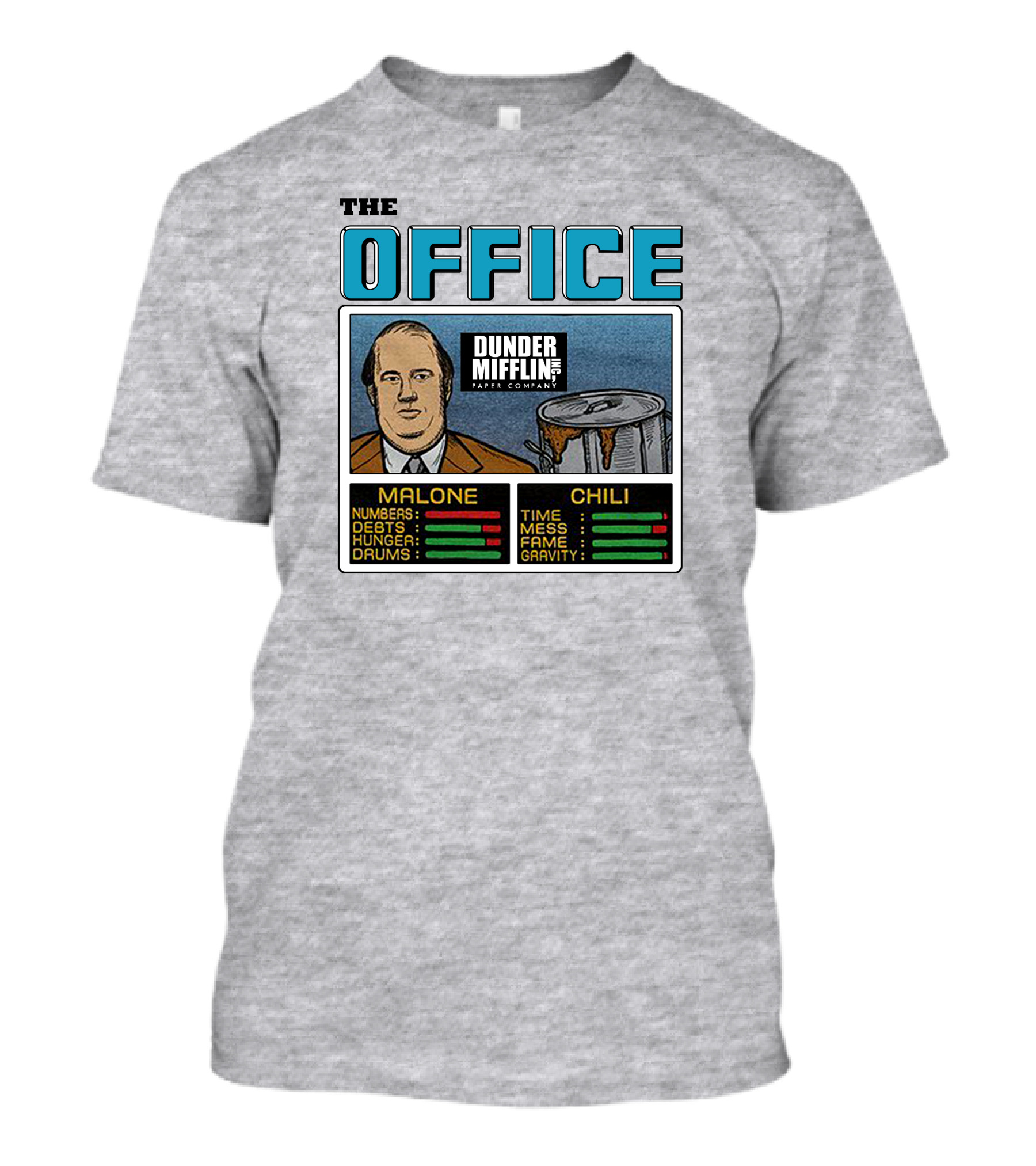 The Office Dunder Mifflin Kevin Malone Chili Numbers Debts Hunger Drums Time Mess Fame Gravity T-Shirt
