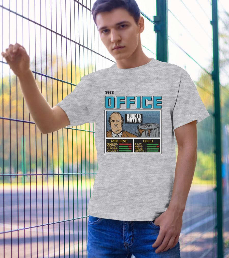 The Office Dunder Mifflin Kevin Malone Chili Numbers Debts Hunger Drums Time Mess Fame Gravity T-Shirt
