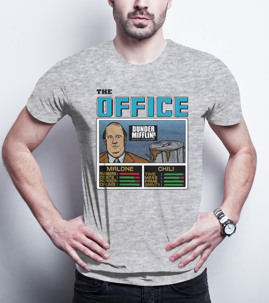 The Office Dunder Mifflin Kevin Malone Chili Numbers Debts Hunger Drums Time Mess Fame Gravity T-Shirt
