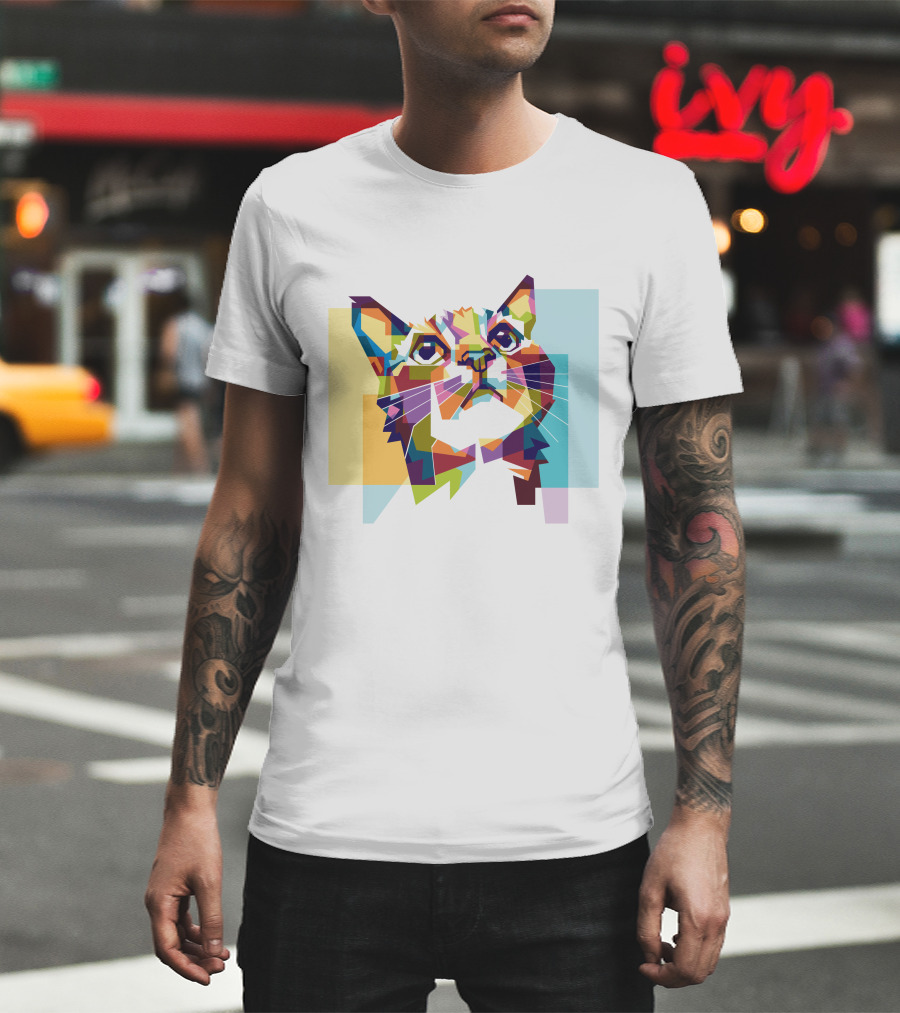 Colorful Geometric Cat Portrait In Vibrant Pop T-Shirt