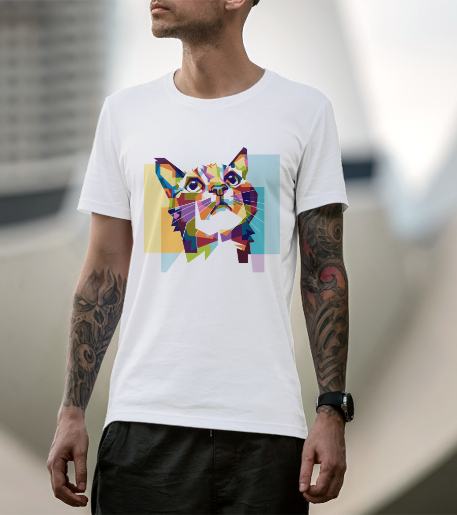 Colorful Geometric Cat Portrait In Vibrant Pop T-Shirt