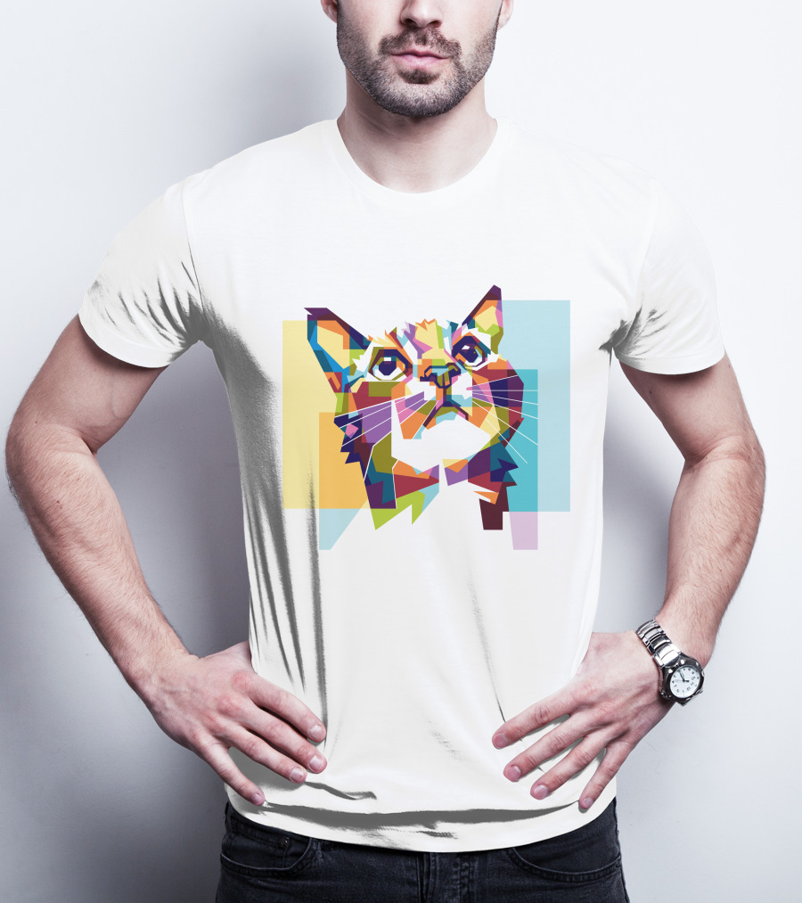 Colorful Geometric Cat Portrait In Vibrant Pop T-Shirt