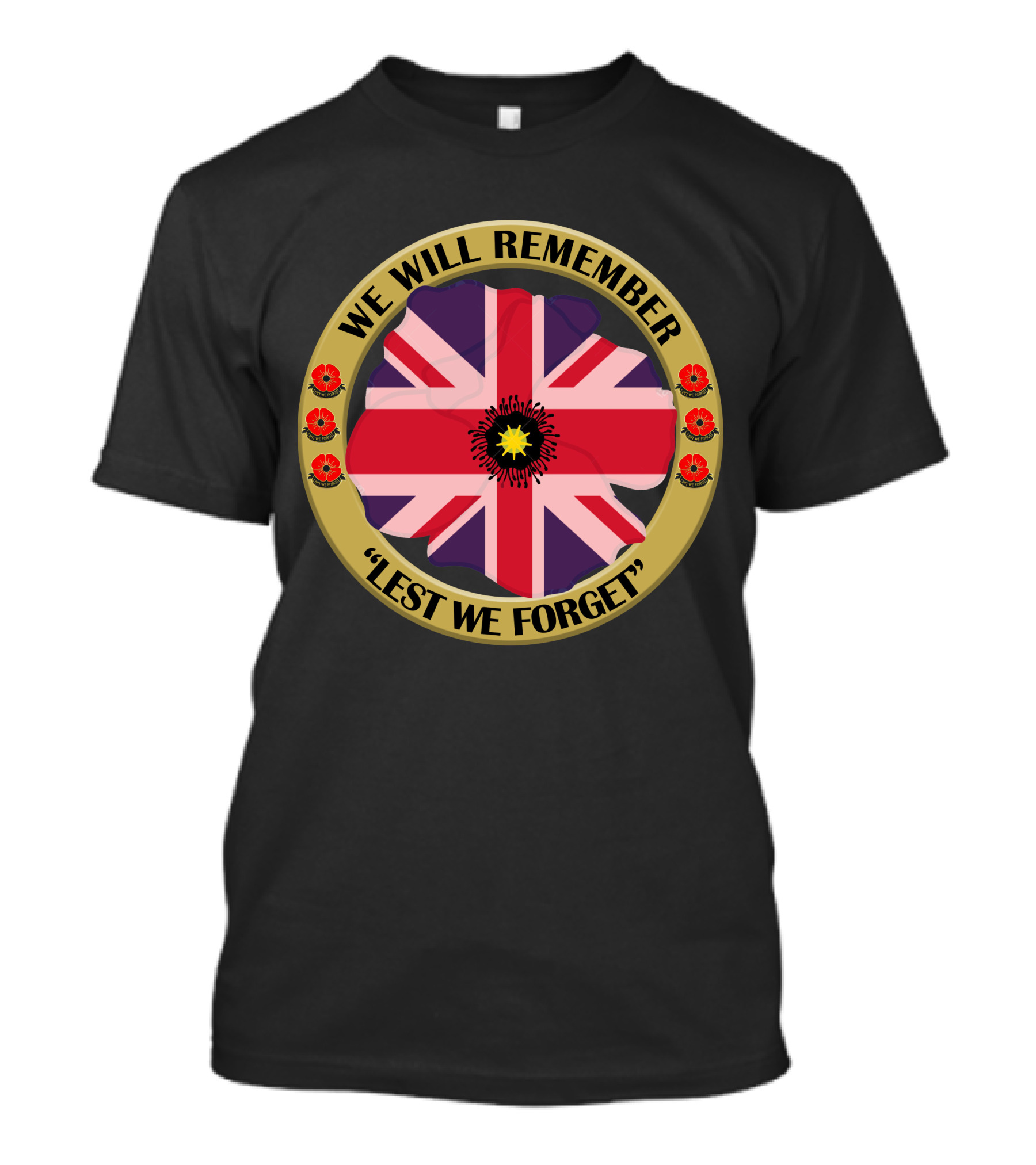 We Will Remember Lest We Forget Union Jack Poppy Remembrance T-Shirt