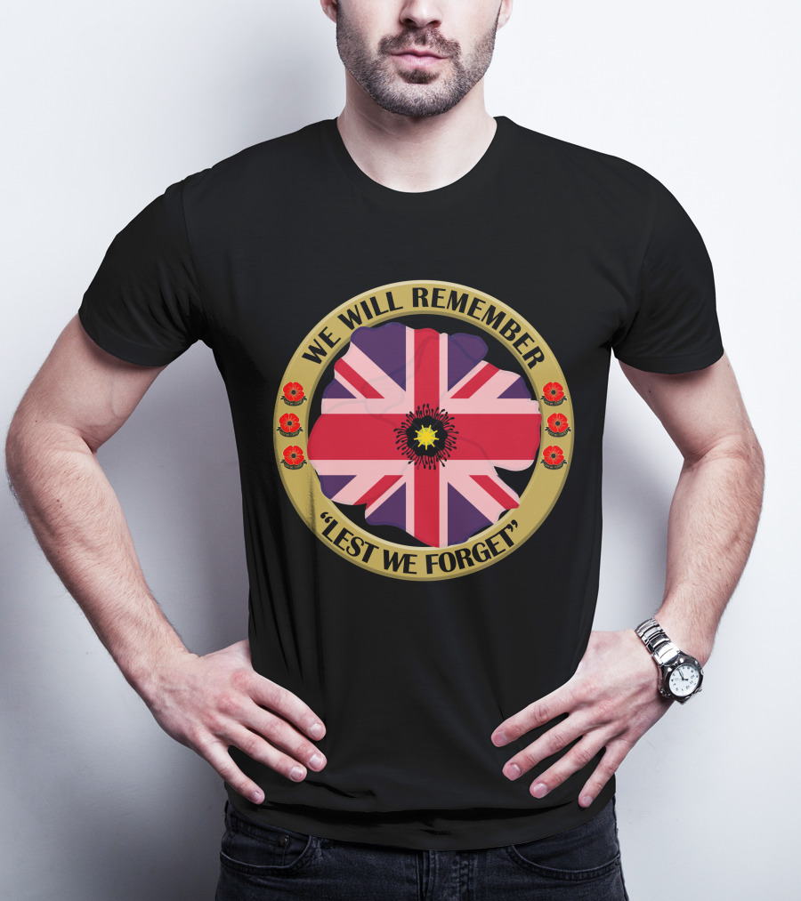 We Will Remember Lest We Forget Union Jack Poppy Remembrance T-Shirt