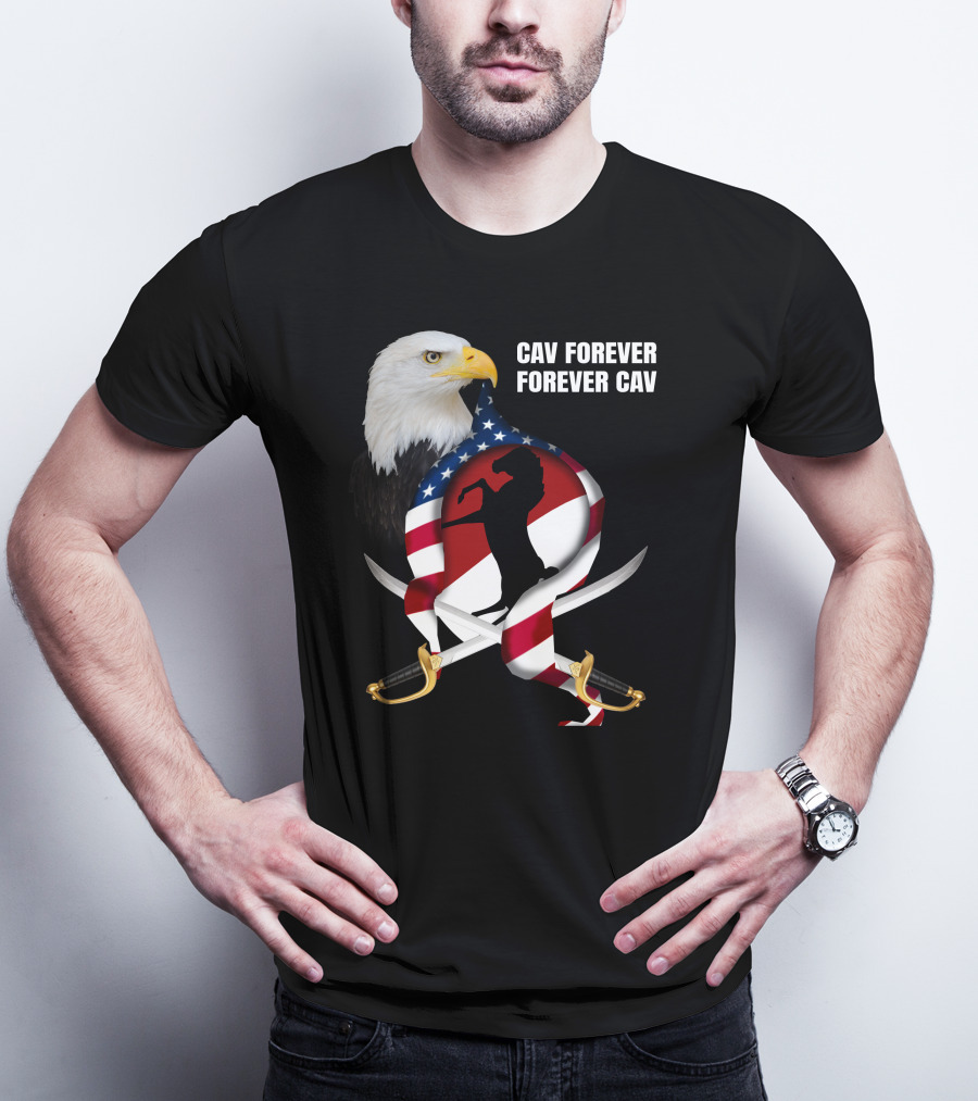 Cav Forever Forever Cav Bald Eagle American Flag Horse Swords T-Shirt