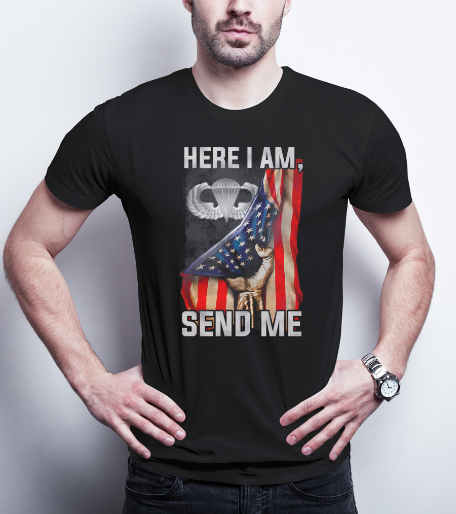 Here I Am Send Me American Flag Paratrooper Wings T-Shirt