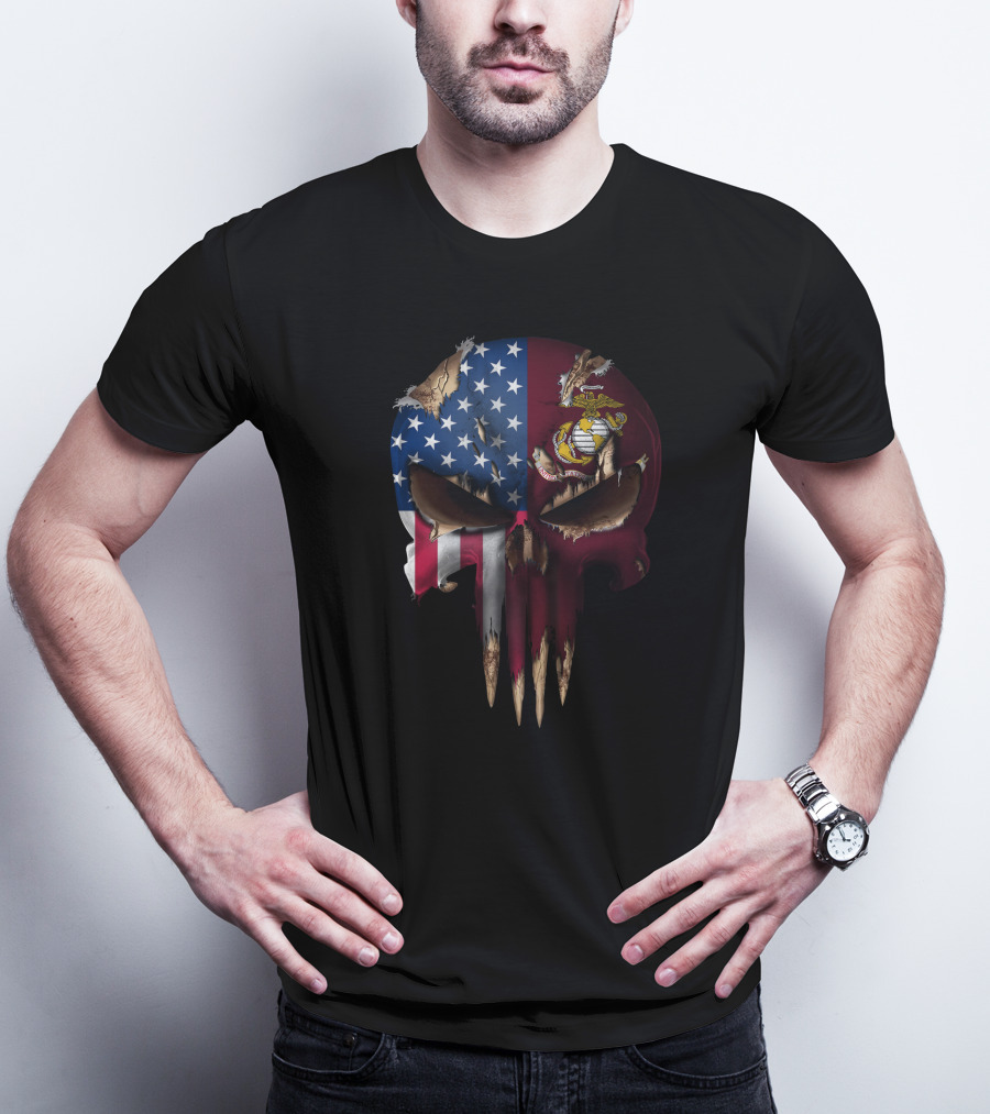 Patriotic Us Flag Skull With Marine Corps T-Shirt