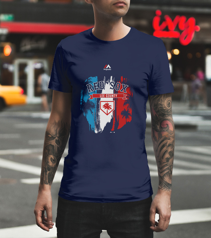 Majestic Red Sox Lee County Mookie Betts Palm Tree Blue Red White T-Shirt