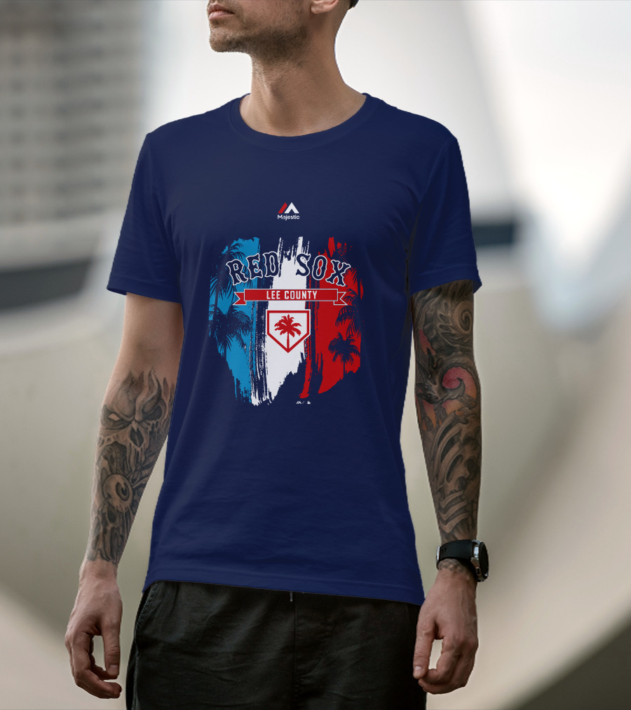 Majestic Red Sox Lee County Mookie Betts Palm Tree Blue Red White T-Shirt