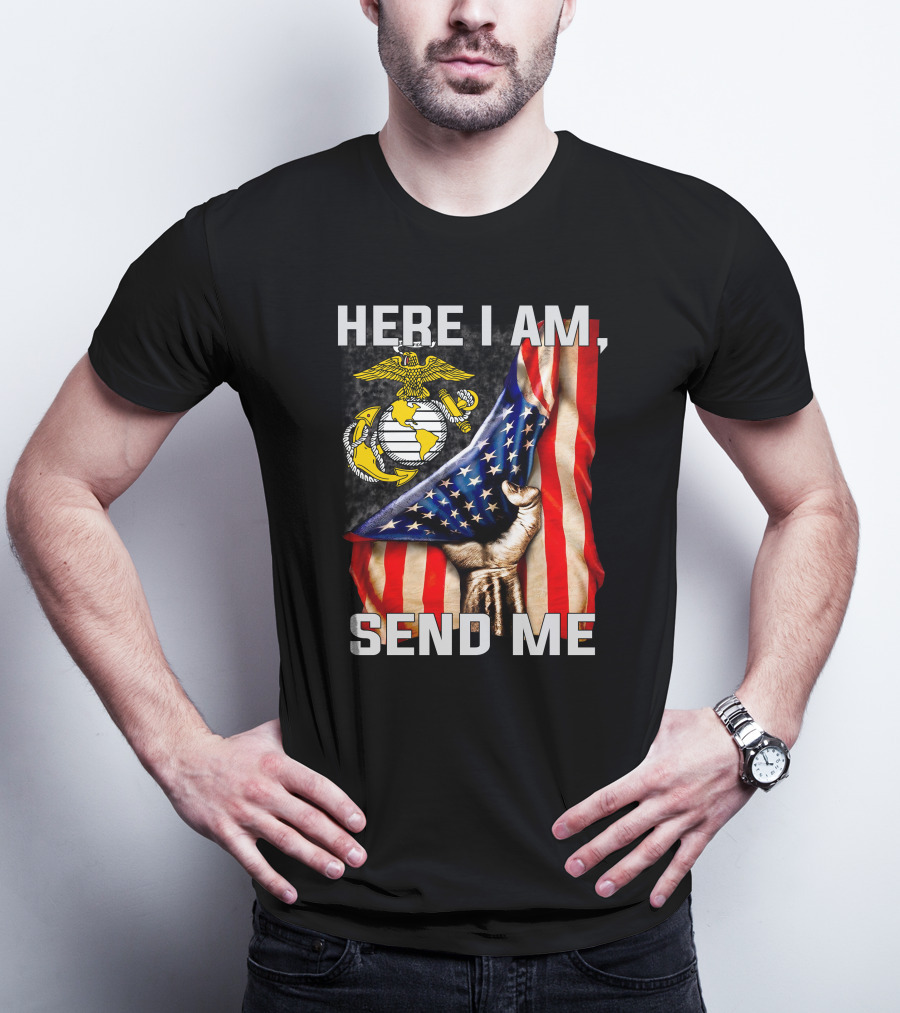 Here I Am Send Me US Marine Corps Eagle Globe Anchor American Flag T-Shirt