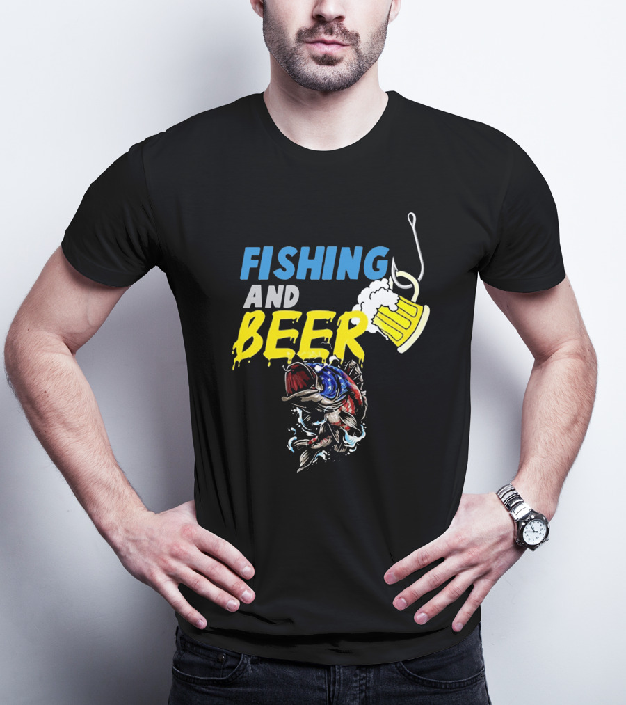 Fishing And Beer American Flag Fish Version With Mug And Hook T-Shirt