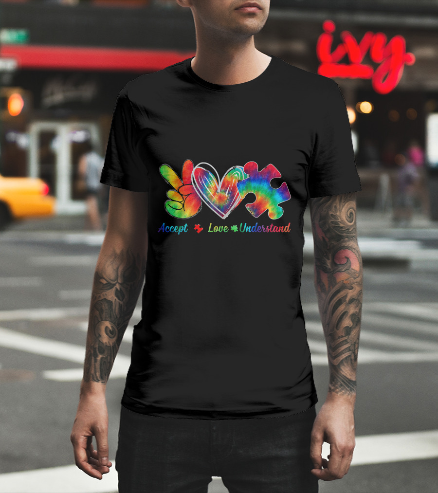 Autism Awareness Accept Understand Love Tie Dye Peace Heart Puzzle T-Shirt