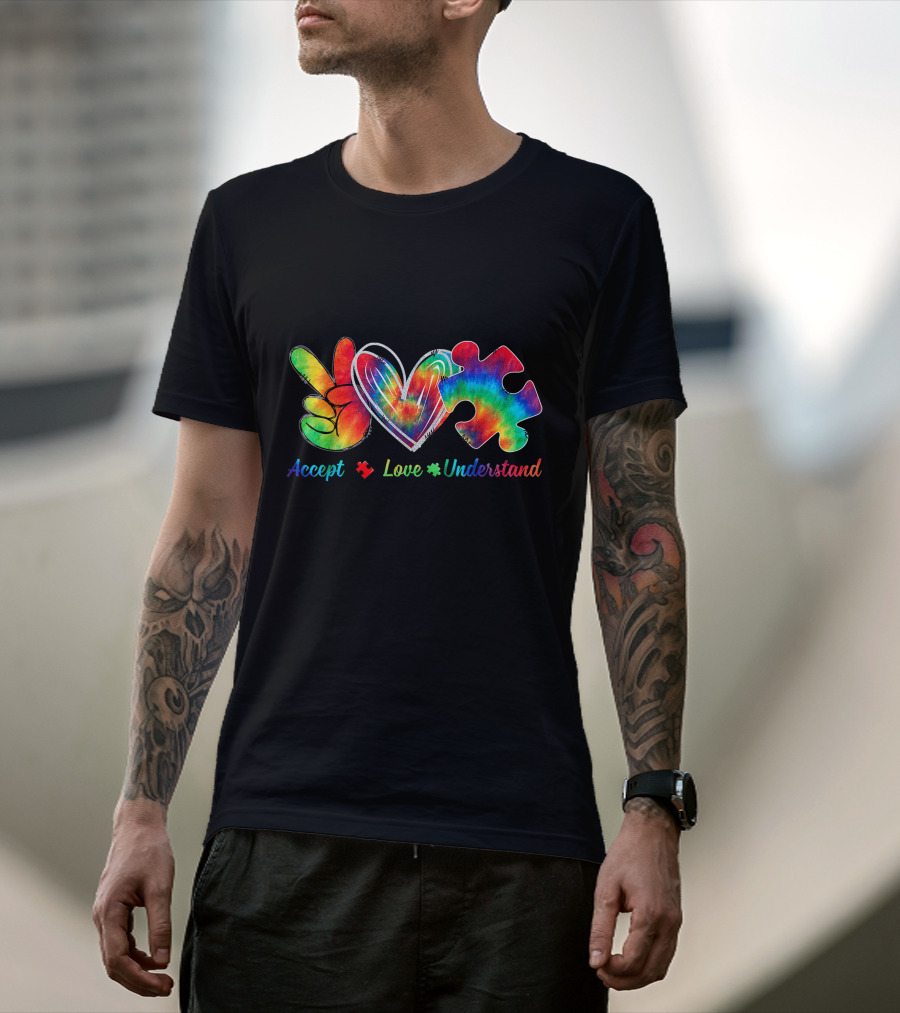 Autism Awareness Accept Understand Love Tie Dye Peace Heart Puzzle T-Shirt