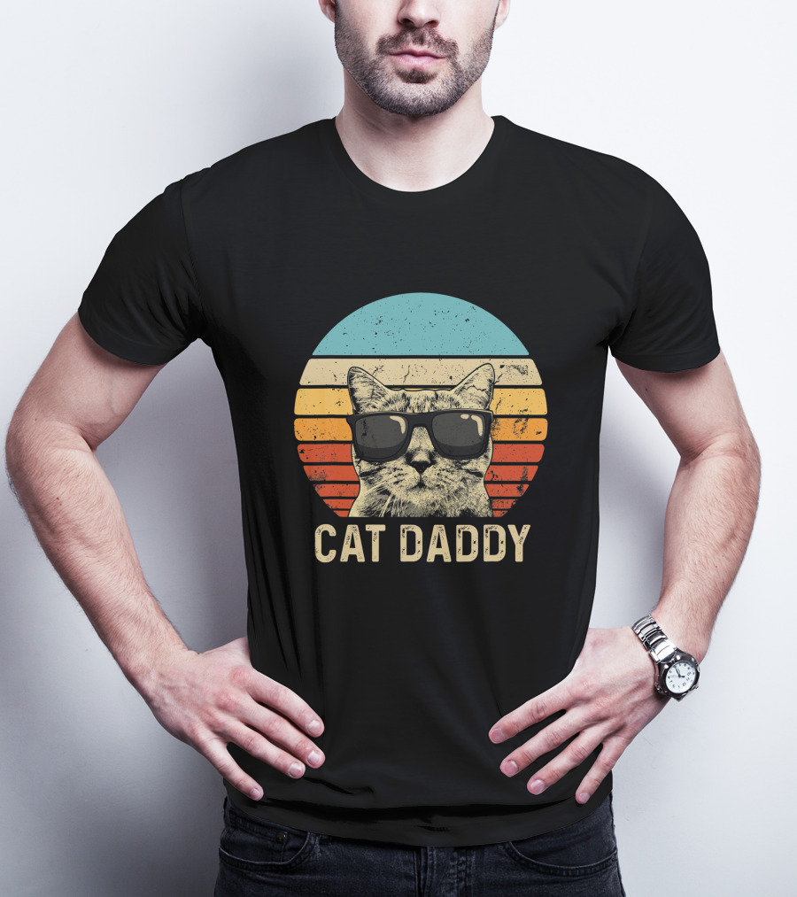 Mens Vintage Cat Daddy Funny Cat Lover Cat Dad Fathers Retro Sunglasses Cat T-Shirt