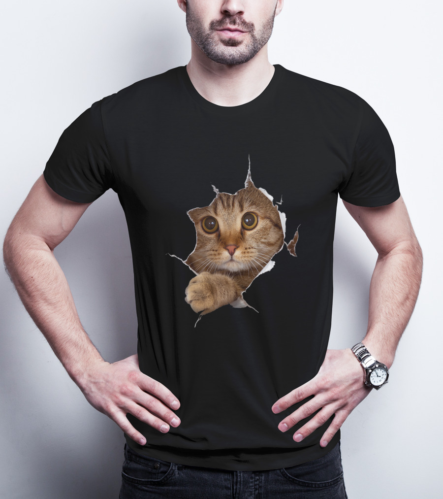 Sweet Kitten Torn Cloth Funny Cat Lover Cat Owner Cat Lady Peeking Cat Through Rip T-Shirt