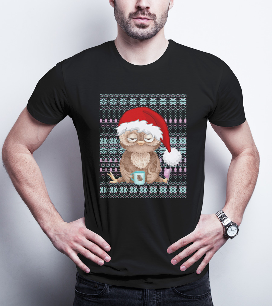 Ugly Christmas Santa Owl Coffee Lovers Christmas Costume T-Shirt