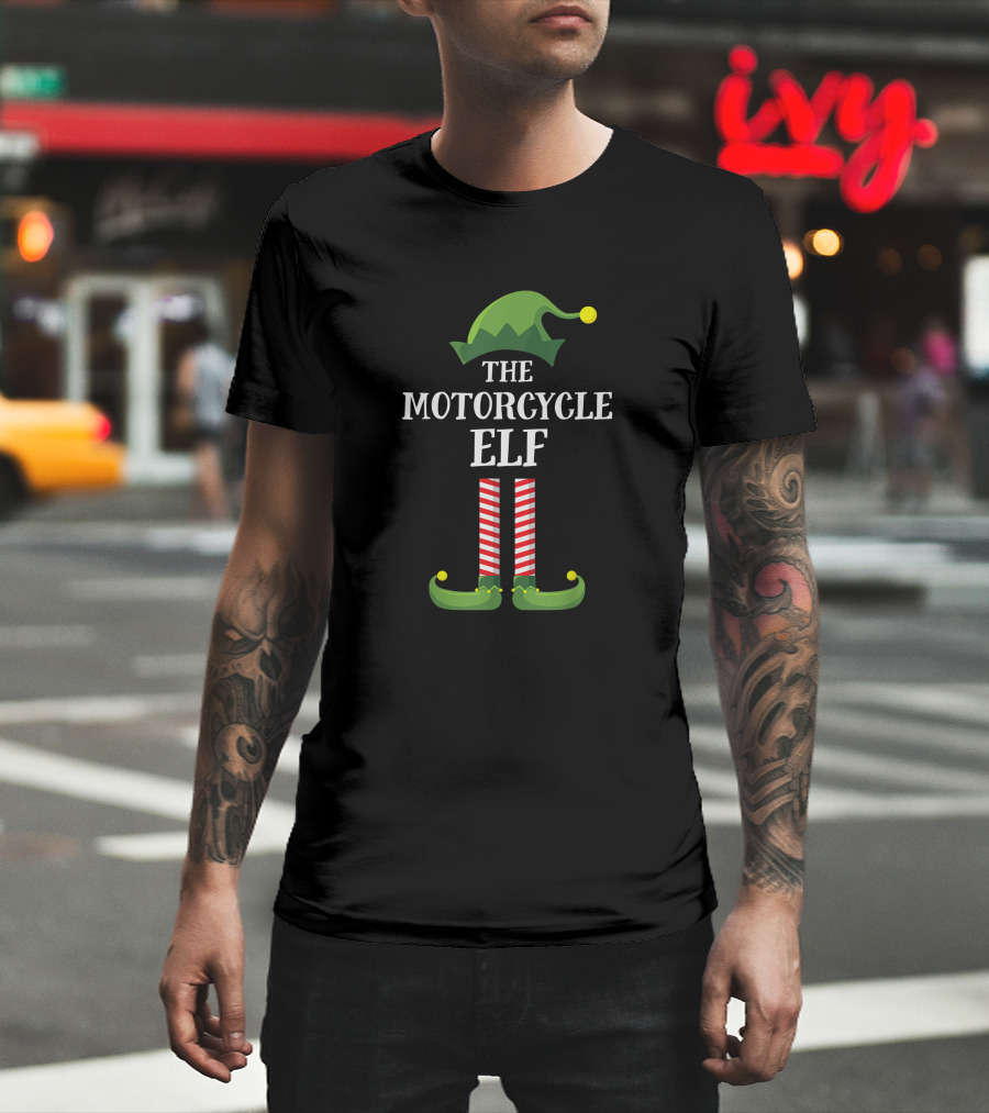 The Motorcycle Elf Green Hat Red Striped Legs Christmas Party Matching Family Group T-Shirt