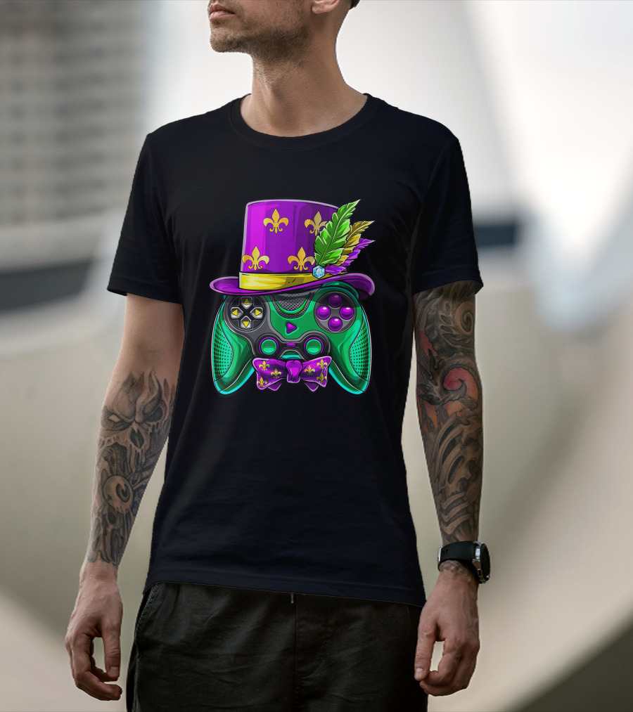 Mardi Gras Fleur-de-Lis Video Game Controller Jester Hat Bow Tie T-Shirt