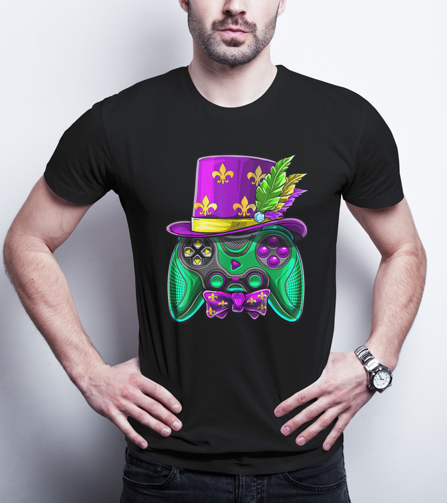 Mardi Gras Fleur-de-Lis Video Game Controller Jester Hat Bow Tie T-Shirt