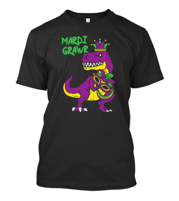 Mardi Grawr Jester Trex Dinosaur With Mask And Beads T-Shirt