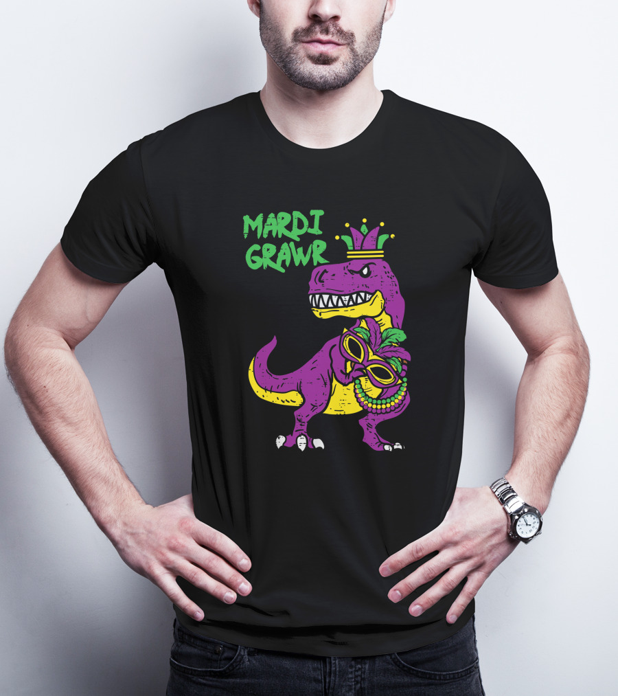 Mardi Grawr Jester Trex Dinosaur With Mask And Beads T-Shirt