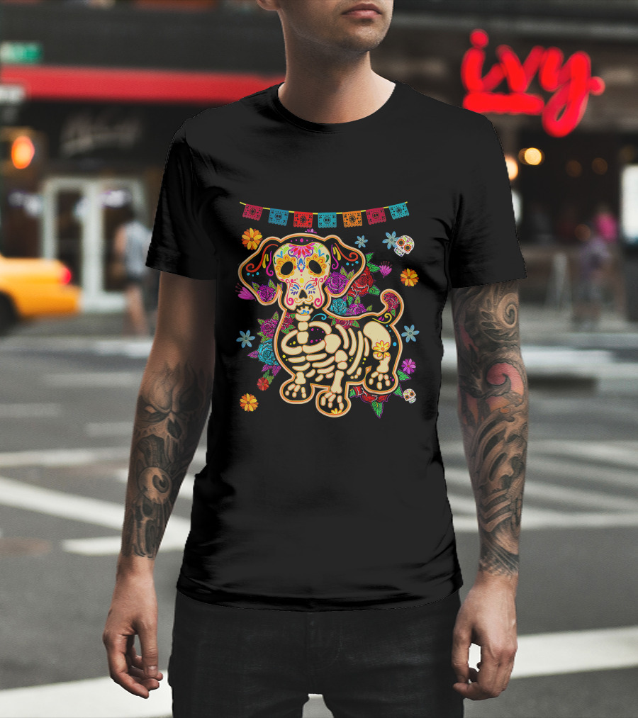 Sugar Skull Mexican Dachshund Bone Halloween Day Of The Dead Dog Skeleton Flowers T-Shirt